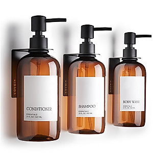 Stylish Shampoo and Conditioner Dispenser Set of 3 for Wall Mount - Modern Drill Free 21oz Shower Soap Bottles with Labels - Easy Refill Body Wash Dispensers for an Instant Bathroom Decor Upgrade