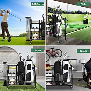 HoneySky Golf Storage Organizer for Garage, Double Golf Bag Stand Storage Rack with Lockable Wheels, Extra Large Golf Organizer for Golf Clubs and Golf Accessories, Ideal Gifts for Golfer