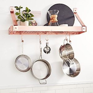 Wall-Mount Bookshelf Pot Rack with Grid & 12 Hooks