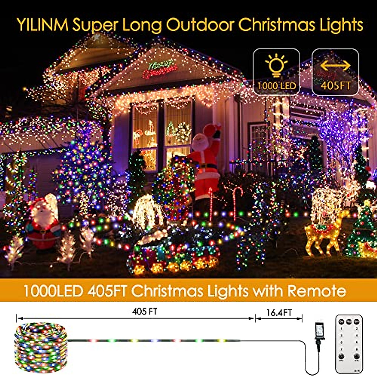 YILINM Christmas Lights Outdoor 1000 LED 405FT Green Wire Waterproof Christmas Tree Lights with Remote & Timer 8 Modes for Xmas Tree House Garden Yard Party Decorations(Multicolor)