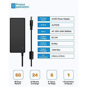 ALITOVE 24V 6A Power Supply Adapter Converter 100-240V AC to DC 24 Volt 144W 6Amp 5.5A 5A 4A Transformer with 5.5x2.5mm Plug for LED Strip Light CCTV Camera LCD Monitor Massage Chair