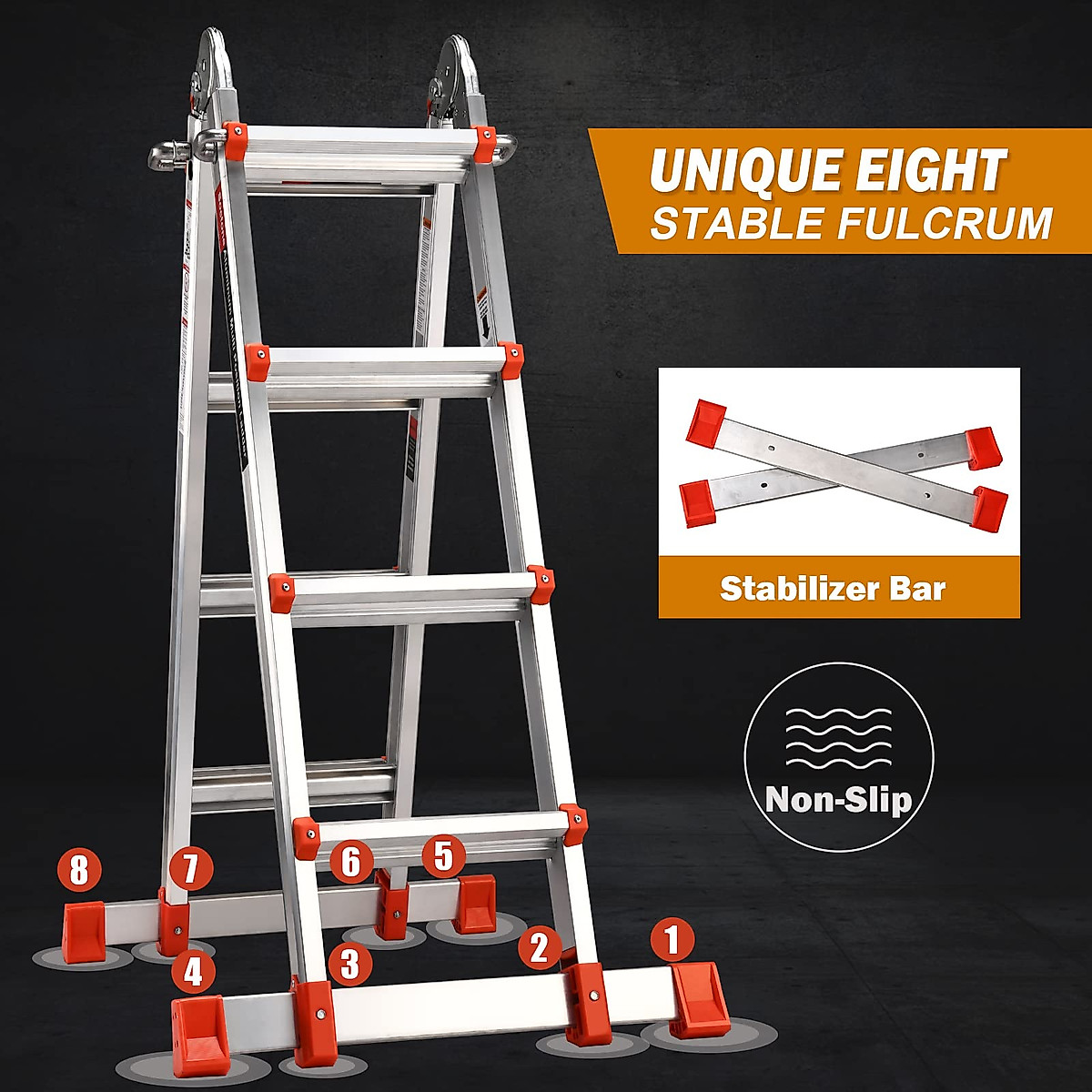Soctone Ladder, A Frame 4 Step Extension Ladder, 14 Ft with Multi Position & Removable Tool Tray with Stabilizer Bar, 330 lbs Weight Rating Telescoping Ladder for Household or Outdoor Work