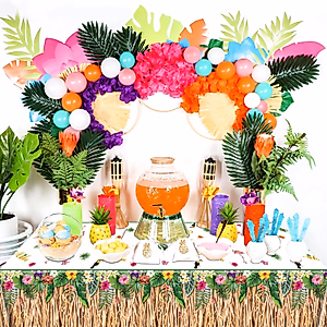 PIXHOTUL 4 Pack Hawaiian Luau Grass Tablecloths, Hawaii Luau Table Skirt Party Decorations, Tropical Palm Tablecover for Summer Beach BBQ Tropical Ahola Party Baby Shower, 86 x 51in