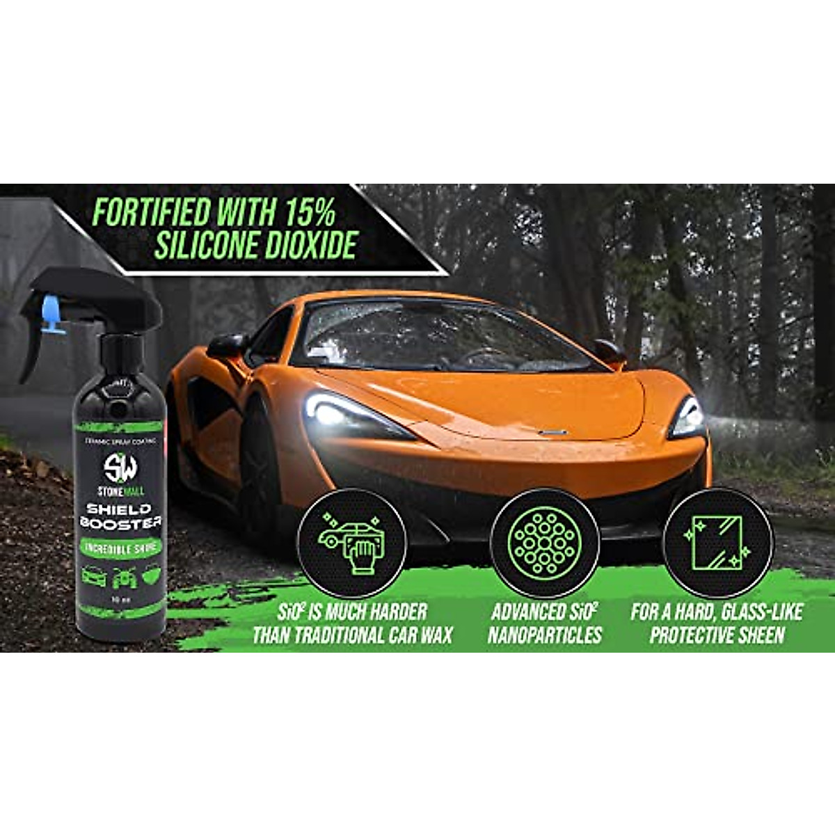 Shield Booster-Stonewall Ceramic Spray - High Gloss Armor Coating for Detailing and Incredible Shine With Microfiber Polish Cloth and Auto Sponge Applicator- Water Repelling Hydrophobic Spray