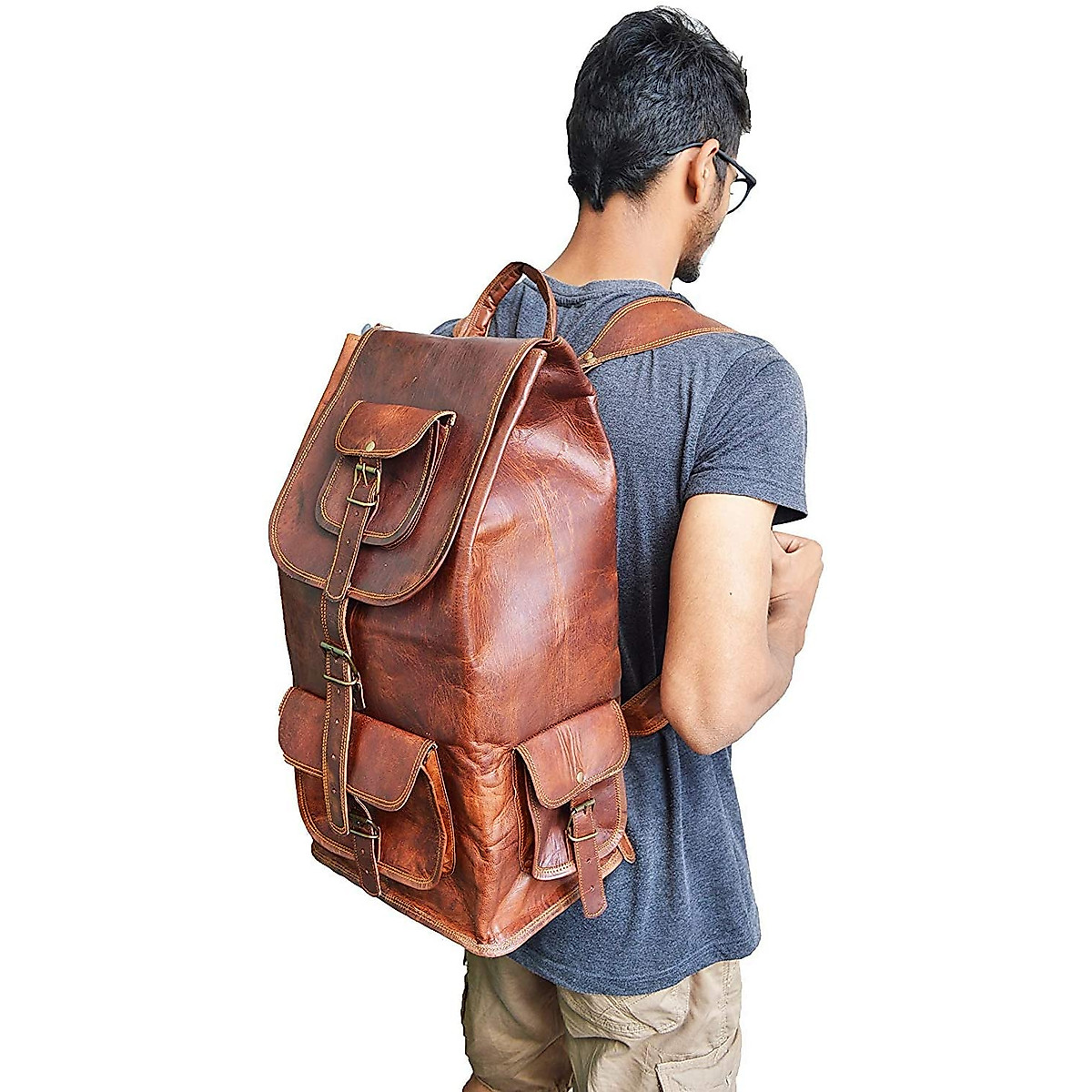 jaald 18" Brown Leather Backpack Vintage Rucksack Laptop Bag Water Resistant Casual Daypack College Bookbag Comfortable Lightweight Travel Hiking/Picnic for Men