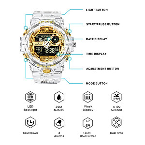 PINDOWS Watch for Men Digital Sports Watch, Outdoor Waterproof Military, LED Screen Large Face Dual Dial Time and Stopwatch Alarm Wristwatch (White Gold)