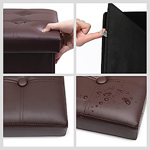 AmasSmile® Storage Ottoman Folding Foot Rest Stool, 17 inch Leather Footstool Bench, Short Ottoman Stool, Storage Foot Rest Store, Books, Records Support 330 lbs, Brown