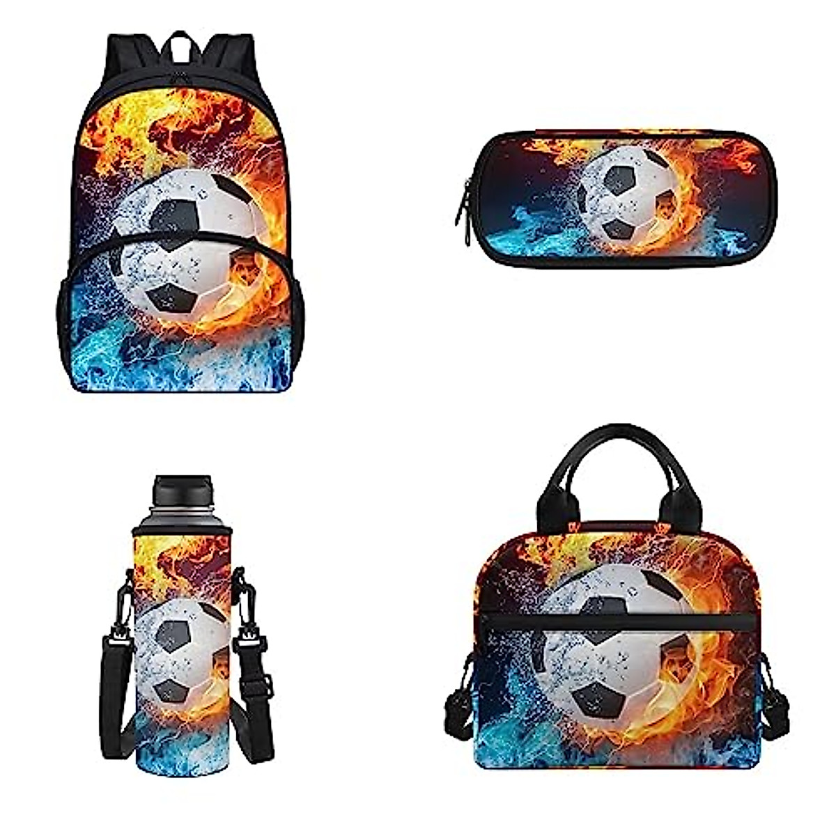 Drydeepin Blue Orange Flame Fire Football Soccer Ball Print 4Pcs School Bag Set for Kids Boys School Backpack with Lunch Box and Water Bottle Holder Pencil Pouch Middle School Student Bookbag