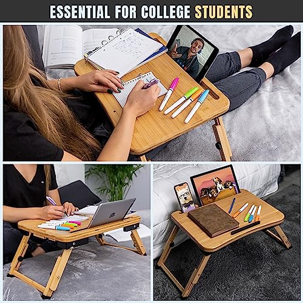 Foldable Laptop Bed Desk with Mouse Pad, Adjustable Folding Bamboo Tray Lap Stand Table for Work Breakfast College Students - Fits up to 17 Inch Laptops