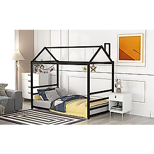 Tidyard House Platform Bed with Roof and Chimney Design,Black Platform Bed Frame, Mattress Foundation Easy Assembly, No Box Spring Needed for Dorm, Bedroom, Guest Room
