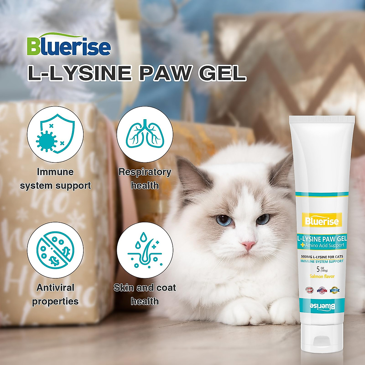 BLUERISE Cat Lysine Supplement Gel, 5oz - Support Feline's Immune System and Respiratory Health, Increased Eye Discharge, Nasal Branching in Cats, Stomatitis, Skin infections,Sneezing, Runny Nose