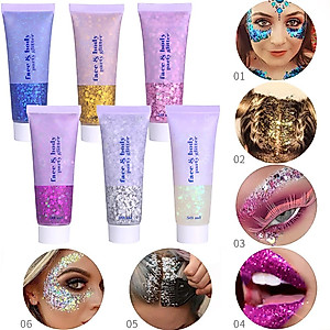 2 Pack Face and Body Glitter, Chunky Glitter for Nail and Hair Glitter Gel Festival Essentials Sparkling Holographic Highlighter Makeup. (01-Blue & 06-White Moonbeam)
