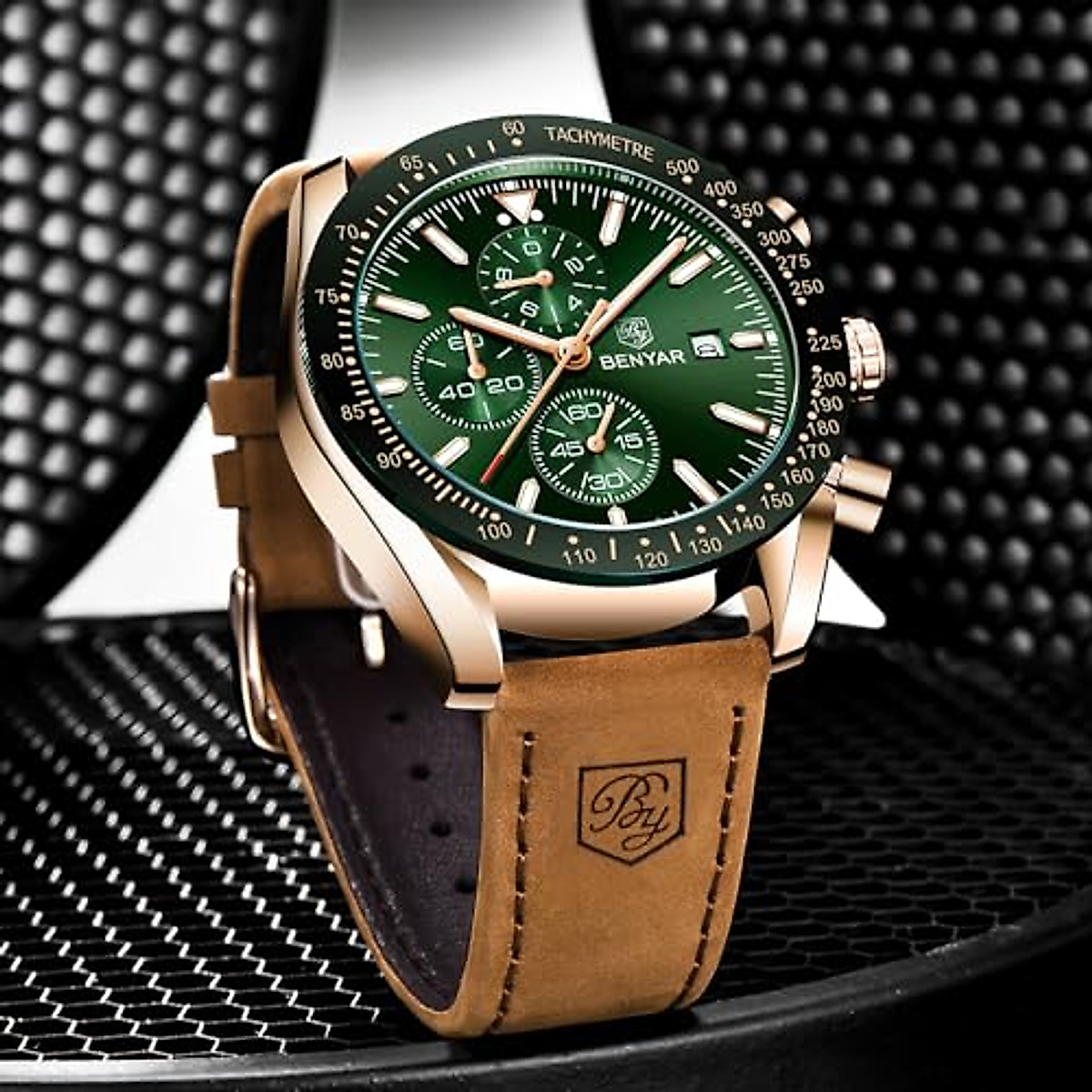 BY BENYAR Men's Watches Analog Quartz Waterproof Watch Sport Leather Watch for Men Fashion Elegant Chronograph Casual Wristwatch（Green）