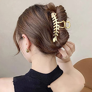 Gold Hair Jaw Claw Clips Fish Bone Shape 1PCS Large Metal Gold Fashion Nonslip Hairpin Catch Clip Accessories for Thick/Thin Hair HairStyling