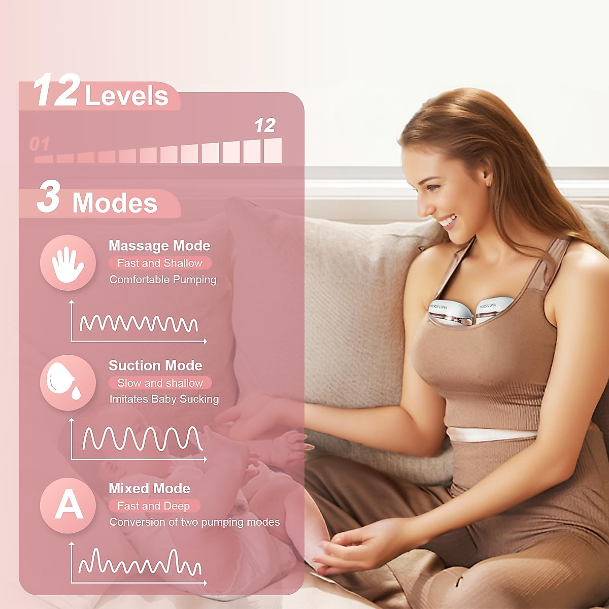 Nursi Luna Breast Pump Hands Free, Double Wearable Breast Pump with 3 Modes & 12 Levels, Smart Touchscreen, Low Noise Portable Wireless Electric Breast Pump with Flange Inserts (Pack of 2, Pink)