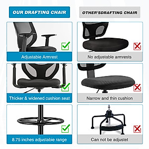 Drafting Chair, Standing Desk Chair with Adjustable Armrests and Foot Ring, Height Adjustable Tall Office Chair with Ergonomic Lumbar Support, 360 Degree Swivel Rolling Chair, Breathable Mesh Chair