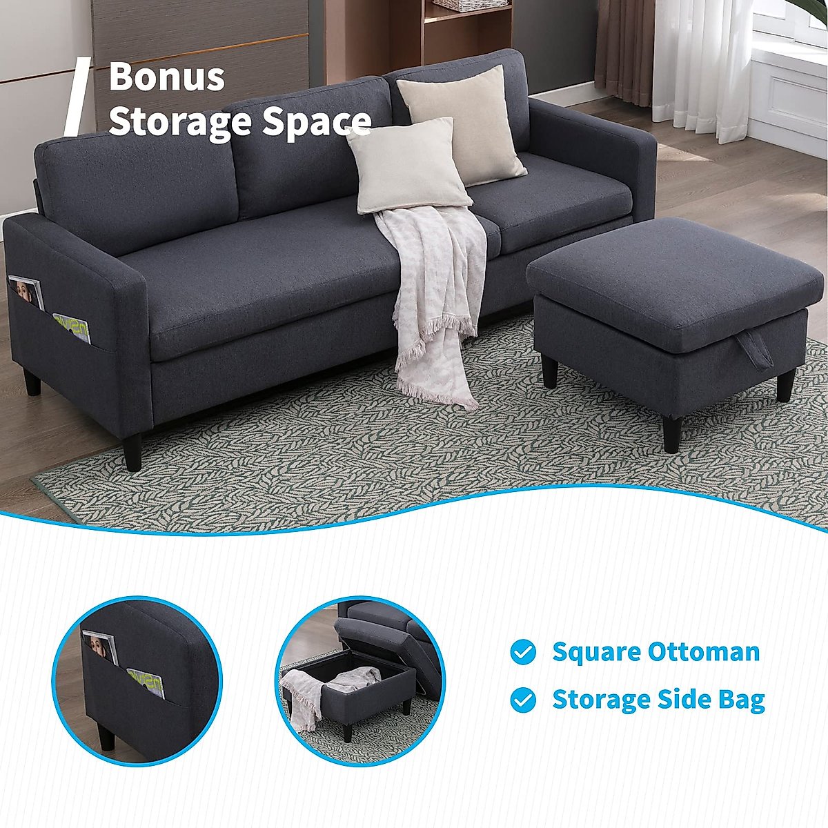 Mjkone 86" L-Shape Sectional Sofa Couch, Linen Convertible Sofa Chaise with Reversible Storage Ottoman, Large Modular Sofa with 2 Side Pockets for Living Room Apartment Studio - Dark Gray