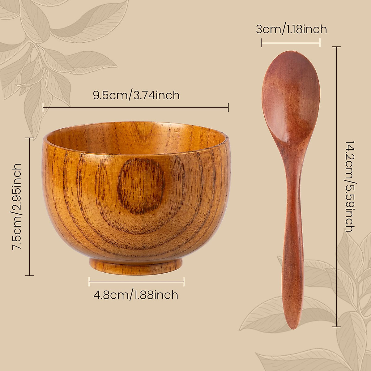 NUOMI 2 Set Wooden Soup/Rice Bowls with Wood Spoons for Eating, Small Noodle/Snacks Bowl and Spoon Dinnerware Set