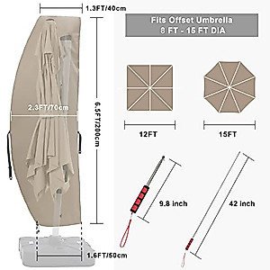 COOSHADE 600D Patio Umbrella Parasol Cover Waterproof Outdoor Anti-UV Protective Cover with Zipper Fits Cantilever Offset Umbrella 7.5-15 Feet, Khaki