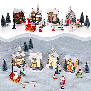 Yerliker 19 Pcs Christmas Village Sets LED Lights Christmas Village Houses with Figurines Battery Operated Christmas Village House Set for Collection Christmas Garden Table Home Indoor Room Decor