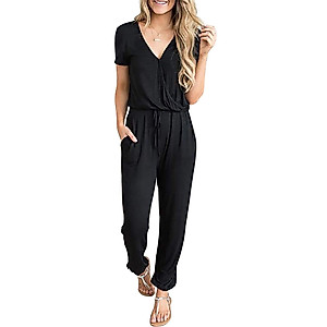 PRETTYGARDEN Women's Summer Casual Deep V Neck Short Sleeve Wrap Drawstring Waist Jumpsuit Romper (Black,Small)