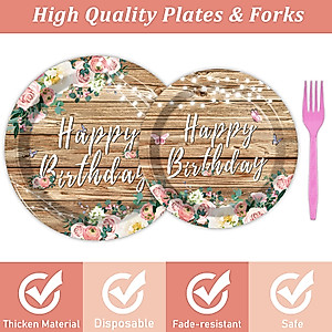 Tevxj 96PCS Pink Floral Birthday Party Plates Wood Grain Flower Tableware Set for Girls Kids Bridal Shower Party Supplies Rustic Wooden Birthday Paper Plates Napkins Forks Decorations for 24 Guests