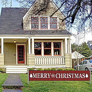 Huge Red Black Plaid Merry Christmas Banner Large Xmas Sign Decorations with Delicate Print for Xmas House Home Outdoor Party Decor, 9.8 x 1.6 Feet (Style Set 3)