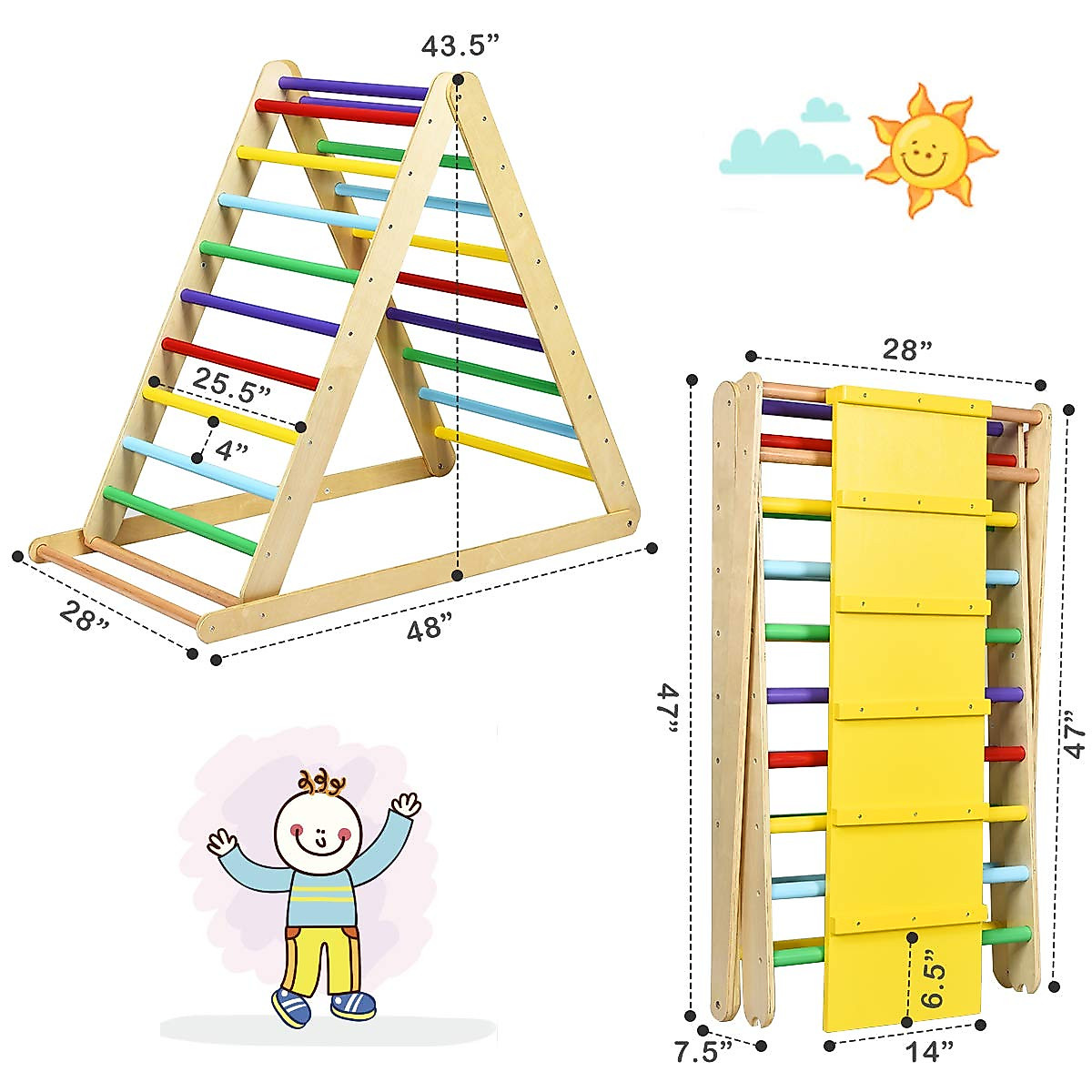 HONEY JOY Triangle Climber with Ramp, 2-in-1 Indoor Toddler Climbing Triangle Set with Ladder & Slide, Foldable Wooden Kids Climbing Toys for Playground, Gym & Daycare, Gift for Boys Girls (Colorful)