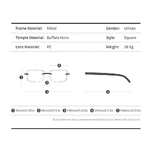 HEPIDEM 100% Really Buffalo Horn Handmade Glasses Square Rimless Spectacles 0816 (black, 61)
