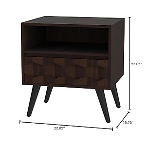 Bme Georgina Solid Wood Nightstand With 1 Drawer & Open Shelf- Fully Assembled Mid Century Modern Side Table - Geometric Pattern Bedside Dresser for Bedroom and Living Room