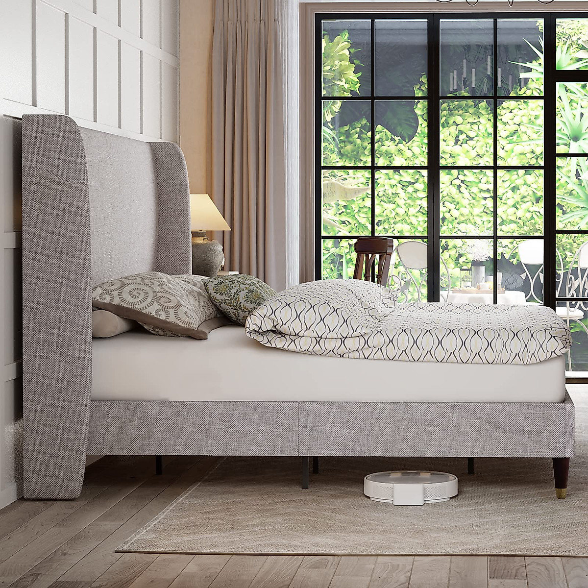 PaPaJet Queen Platform Bed Frame 51.2" High Headboard Linen Tall Upholstered Bed/No Box Spring Required/Wood Slat Support/Easy Assembly Light Grey