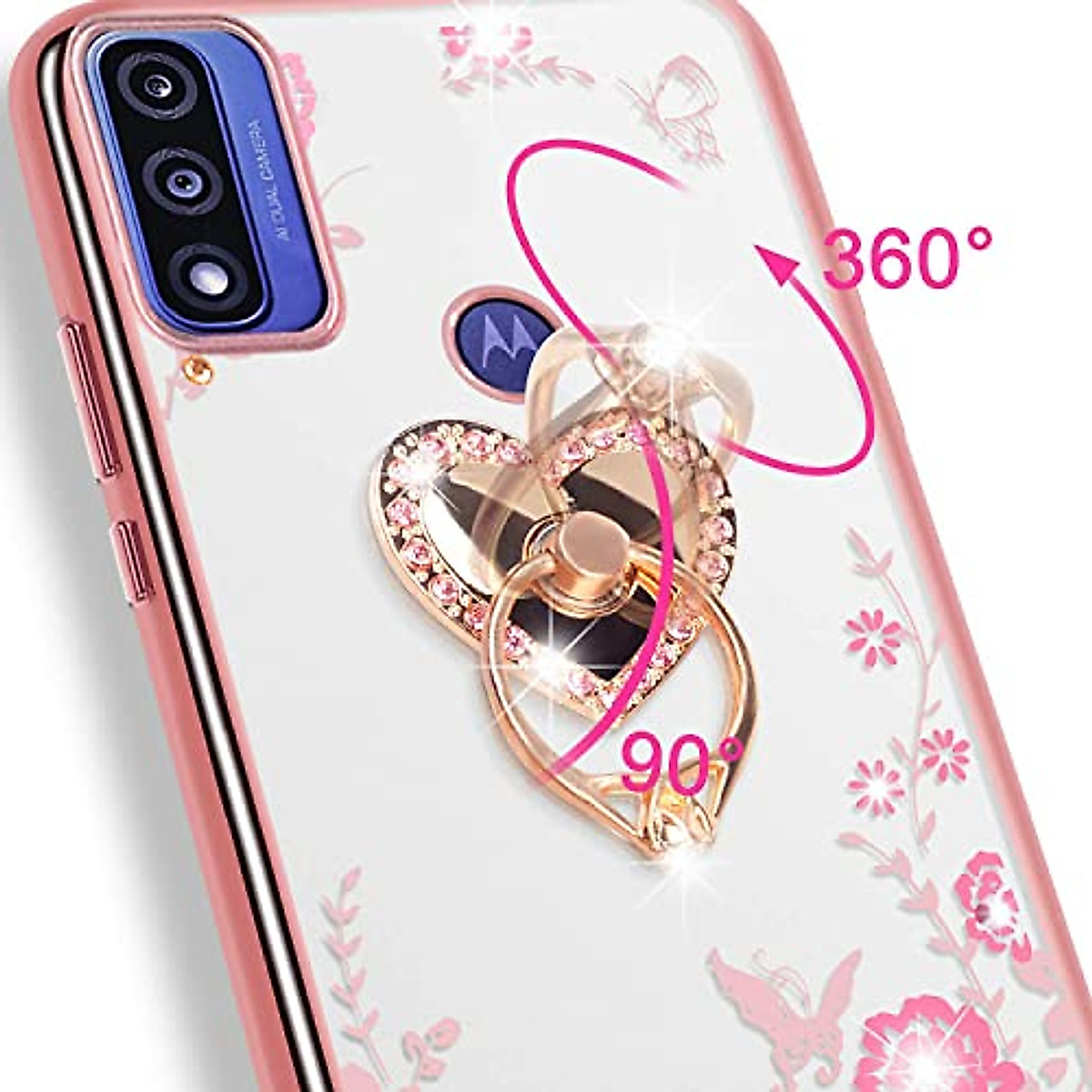 B-wishy for Motorola Moto G Pure Phone Case,Moto G Power 2022 Case for Women, Glitter Butterfly Heart Floral Slim TPU Protective Cover with Kickstand+Strap for Moto G Play 2023(Rose Gold)