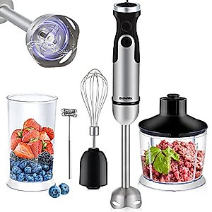 BioloMix Hand Blender 5 in 1 Immersion Blender 1000W, 6 Speed With Turbo Mode Handheld Blender Stainless Steel Blade With 800ml Chopper, 600ml Mixing Beaker, Whisk and Milk Frother