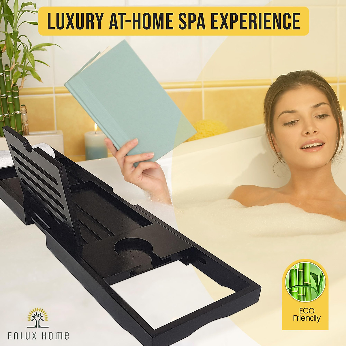 Enlux Premium Bathtub Tray Caddy - Expandable Bath Tray - Unique House Warming Gifts, New Home, Anniversary & Wedding Gifts for Couple, Bridal Shower Gift for Women (Black)