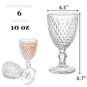 ZOOFOX Set of 6 Water Goblet Glasses, 10 oz Stemmed Wine Glasses with Embossed Design, Vintage Drinking Glassware for Anniversary, Wedding, Party, Housewarming Gift