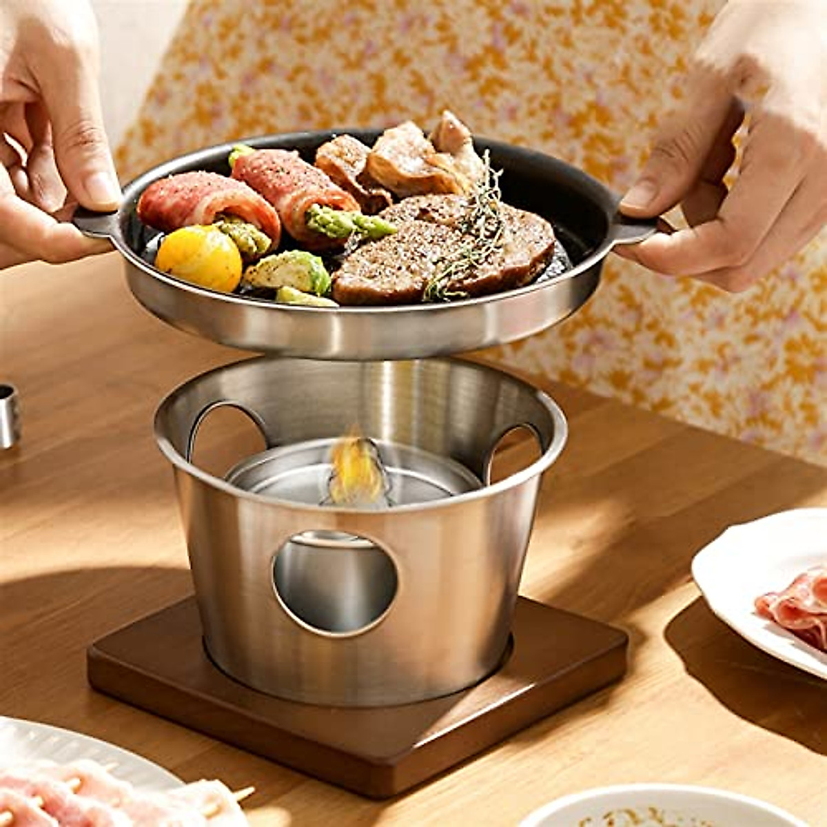 GEEKLLS Charcoal grills Mini Barbecue Oven Grill One Person Cooking Home Wooden Frame Alcohol Stove BBQ Outdoor Garden Party Roasting Meat Tool