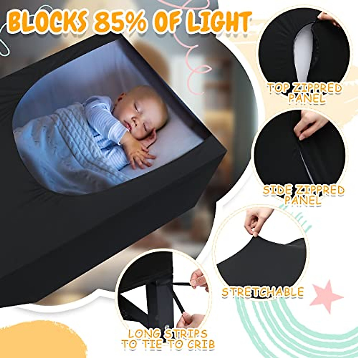 Preboun 2 Pcs Blackout Cover Compatible with Pack N Play, Black Crib Canopy Cover Breathable Travel Netting Tent Portable Stretchy Netting Cover for Indoor Outdoor Playard to Sleeping or Play