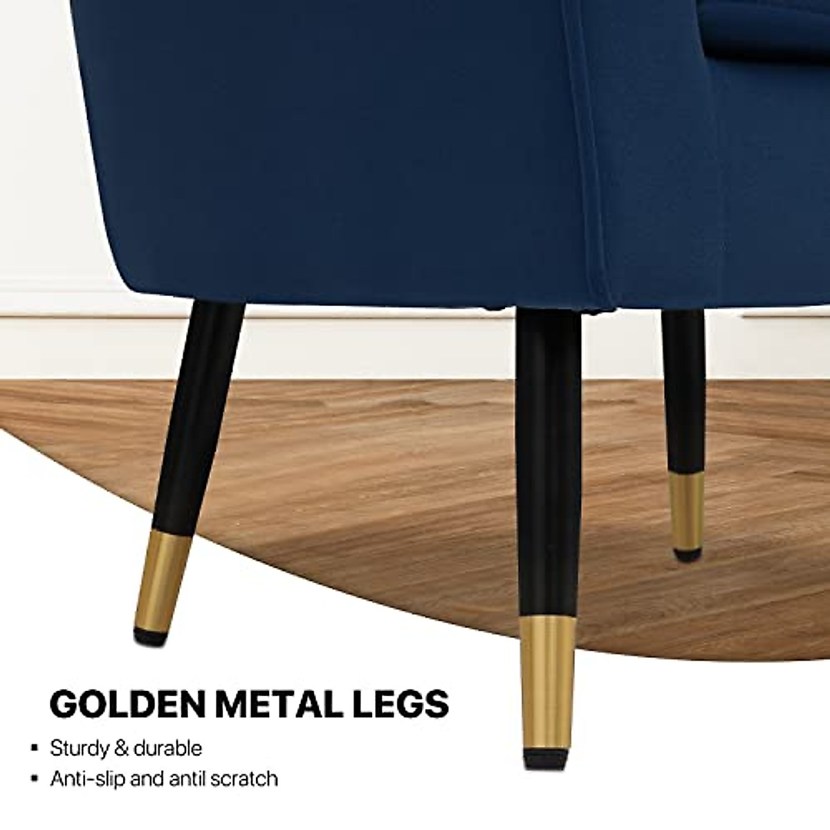 MoNiBloom Modern Accent Chair with Lumbar Pillow, Mid-Century Modern Sude Single Sofa Arm Chair for Living Room, Durable Upholstered Comfy Barrel Chair w/Gold Metal Legs and Wide Armrest, Navy Blue