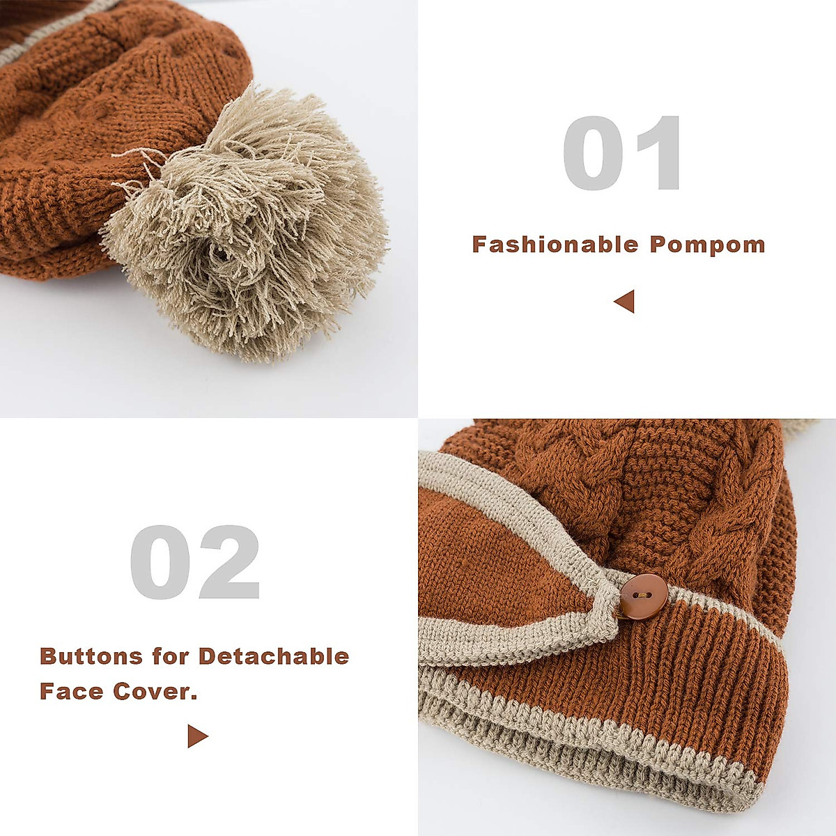 Winter Knit Beanie Hat Scarf Set with Face Cover Touchscreen Gloves for Women, Pom Slouchy Skull Cap with Fleece Lined