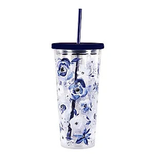 Steel Mill & Co Insulated Cup with Lid and Straw, Floral 24oz Tumbler, Double Wall Travel Cup, BPA-Free Acrylic Tumbler, Fits in Cupholders, Blue Watercolor