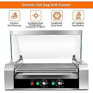 KOTEK Hot Dog Roller Machine, 30 Hot Dog and 11 Non-Stick Roller, Sausage Grill Cooker Machine with Glass Cover, Drip Tray, Dual Temperature Control for Commercial and Household Use (11 Rollers)