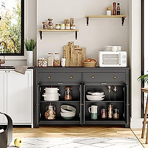 FOTOSOK Sideboard Buffet Cabinet with Storage, 55" Large Kitchen Storage Cabinet with 2 Drawers and 4 Doors, Wood Coffee Bar Cabinet Buffet Table Console Cabinet for Kitchen Dining Room, Black