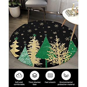 Christmas Black Fluffy Round Area Rug Carpets 3ft, Plush Shaggy Carpet Soft Circular Rugs, Non-Slip Fuzzy Accent Floor Mat for Living Room Bedroom Nursery Home Decor Xmas Tree Geometric Green Gold