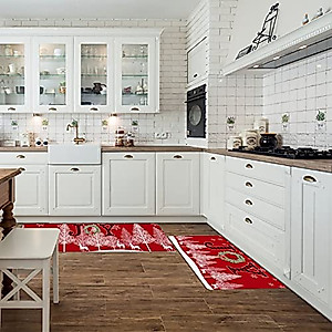 Kitchen Mat Rug Set of 2 Christmas Reindeer Xmas Tree Winter Snow Joy Red Plaid Runner Rug Anti-Fatigue Comfort Memory Foam Standing Mat Non-Slip Floor Door Mat for Bathroom Bedroom 20x32in+20x63in