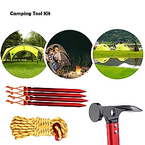 Haploon Camping Accessories Kit, Aluminum Tent Mallet Stake Hammer with Metal Tent Pegs, Nylon Guyline Rope 4x13ft with Cord Adjuster, Tent Accessories for Camping, Hiking, Backpacking