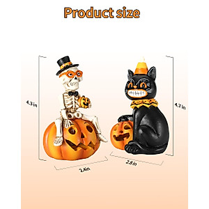 iStatue Halloween Decorations, 2-Pack Resin Black Cat & Skeleton on Pumpkin with Jack-o’-Lantern Lights - Indoor/Outdoor Gift for Fireplace Table Top Party Tiered Tray Decor (Skeleton & Cat)