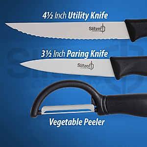 Slitzer Germany Cutting Board And Knife Set - German Stainless Steel 3.5 Inch Paring Knife, 4.5 Inch Utility Knife, Vegetable Peeler, 8x6 Inch Wooden Chopping Board