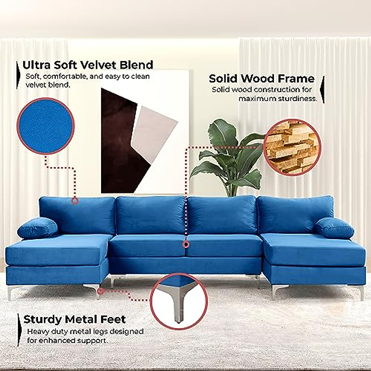 Casa AndreaMilano Modern Large Velvet Fabric U-Shape Sectional Sofa, Double Extra Wide Chaise Lounge Couch
