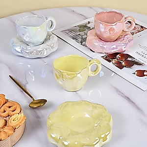 Koythin Ceramic Coffee Mug, Creative Cute Cream Sheen Cup with Sunflower Coaster for Office and Home, 6.5 oz/200 ml for Tea Latte Milk (Cream Pink)