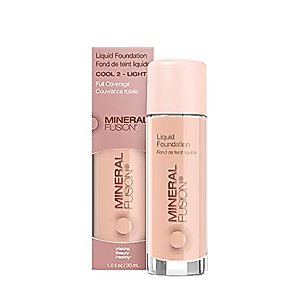 Mineral Fusion Full Coverage Foundation, Liquid Foundation - Cool 2- Light Complexion w/Cool Undertones, Lightweight Matte Finish, Up to 12 Hr Hydration, Hypoallergenic & Vegan, 1 fl. Oz